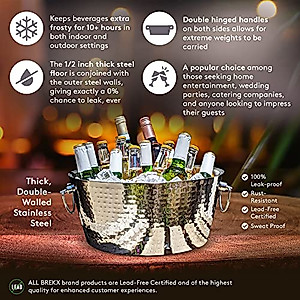 BREKX Hammered Stainless-Steel Beverage Tub, Double-Walled Insulated Anchored Drink Tub & Ice Bucket with Double Hinged Handles, Drink Chiller for Parties, 12 Quarts