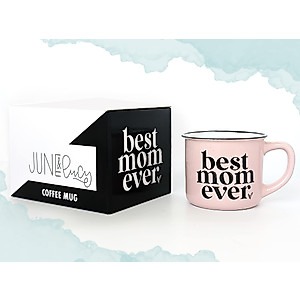 June & Lucy Mom Mug with Stylish Gift Box- Best Mom Ever Novelty Gifts for Mom Cute Coffee Mugs for Women - Pink Coffee Mug with Black Hand Lettering - 15 oz Microwave and Dishwasher Safe.