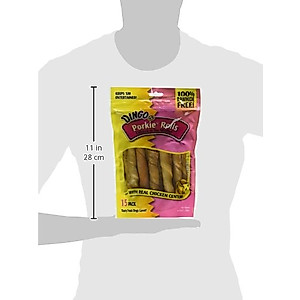 Dingo Porkie Rolls 15 Count, Pork Hide Chews for Dogs, Made with Real Chicken