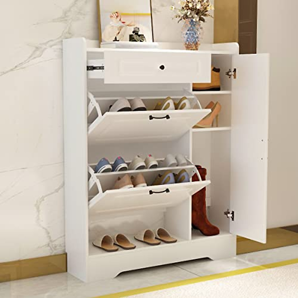 DiDuGo Shoe Cabinet with 2 Flip Drawers & Locker, Shoe Storage Cabinet with Drawer & Bottom Shelf, for Entryway Hallway White (35" W x 8.7" D x 47.2" H)