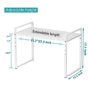iPEGTOP Extendable Microwave Oven Rack, Adjustable Height Microwave/Toaster Shelf Heavy Duty Metal Pantry Shelf Space Riser Stand Organizer for Kitchen Counter Top Organization, White