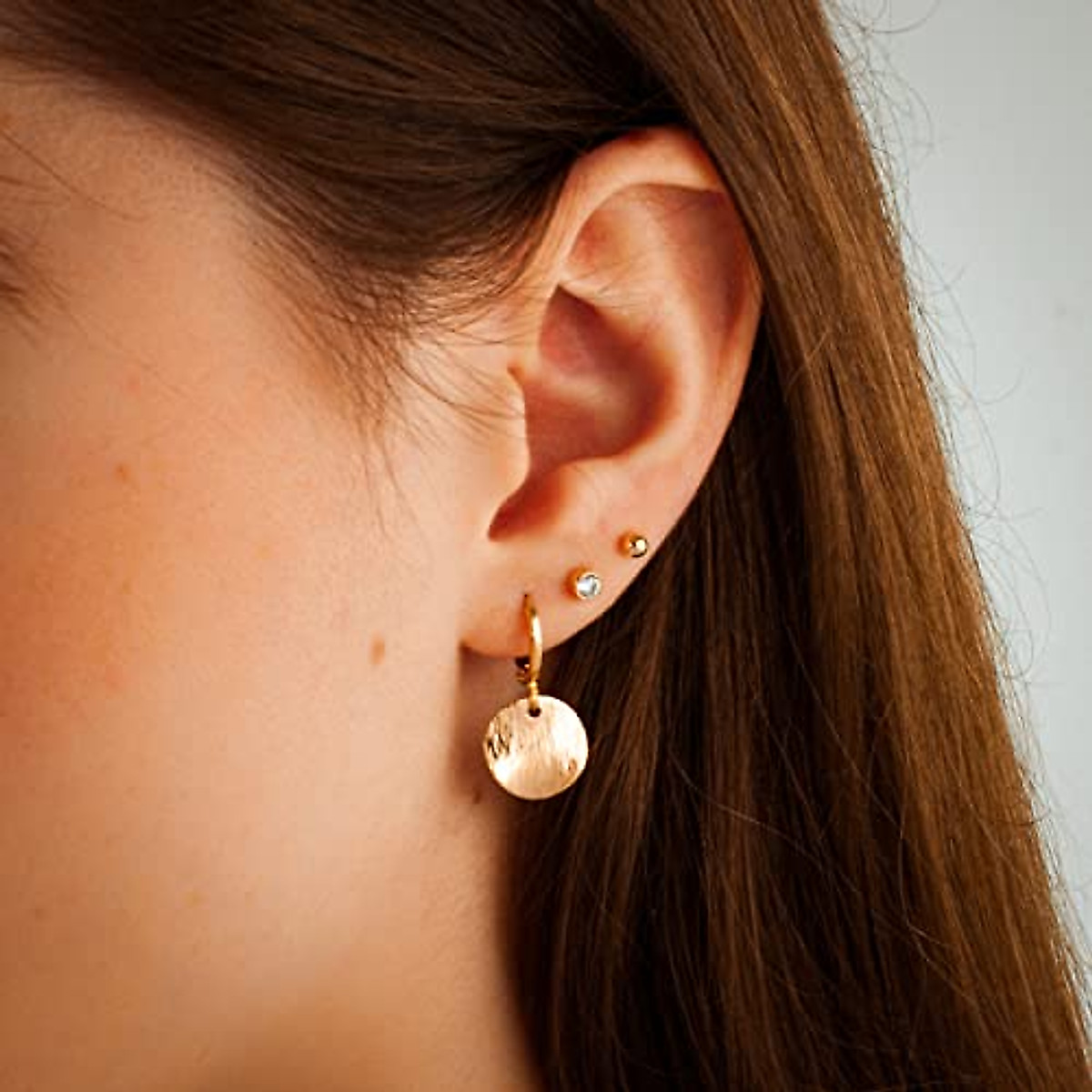 Textured Disk Charm 14K Gold Clasp Closure Dangle Earrings, Trendy Huggie Hoop With Charm Earrings, Hypoallergenic Nickel Free, Lightweight Huggies for Everyday Fashion Handmade Boho Jewelry For Women