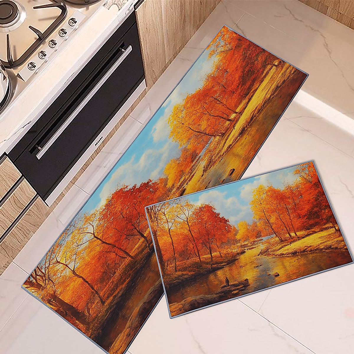 ArtSocket Autumn Kitchen Rugs and Mats Non Skid Washable Set of 2, Orange Red Fall Kitchen Runner Rug, Golden Trees Harvest Maple Kitchen Floor Mat Under Sink Mat Throw Rug for Doormat