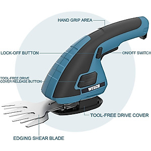 WESCO 7.2V Grass Shears Hedge Trimmer, 2-in-1 Handheld Shrub Trimmer with Rechargeable Lithium-ion Battery and Charger
