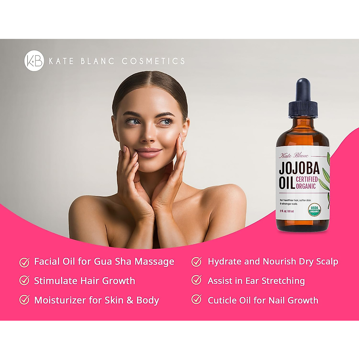 Kate Blanc Cosmetics Jojoba Oil for Hair, Face & Skin. Gua Sha Oil for Face Massage & Dermaplaning (2oz, Organic, 100% Pure, Natural)