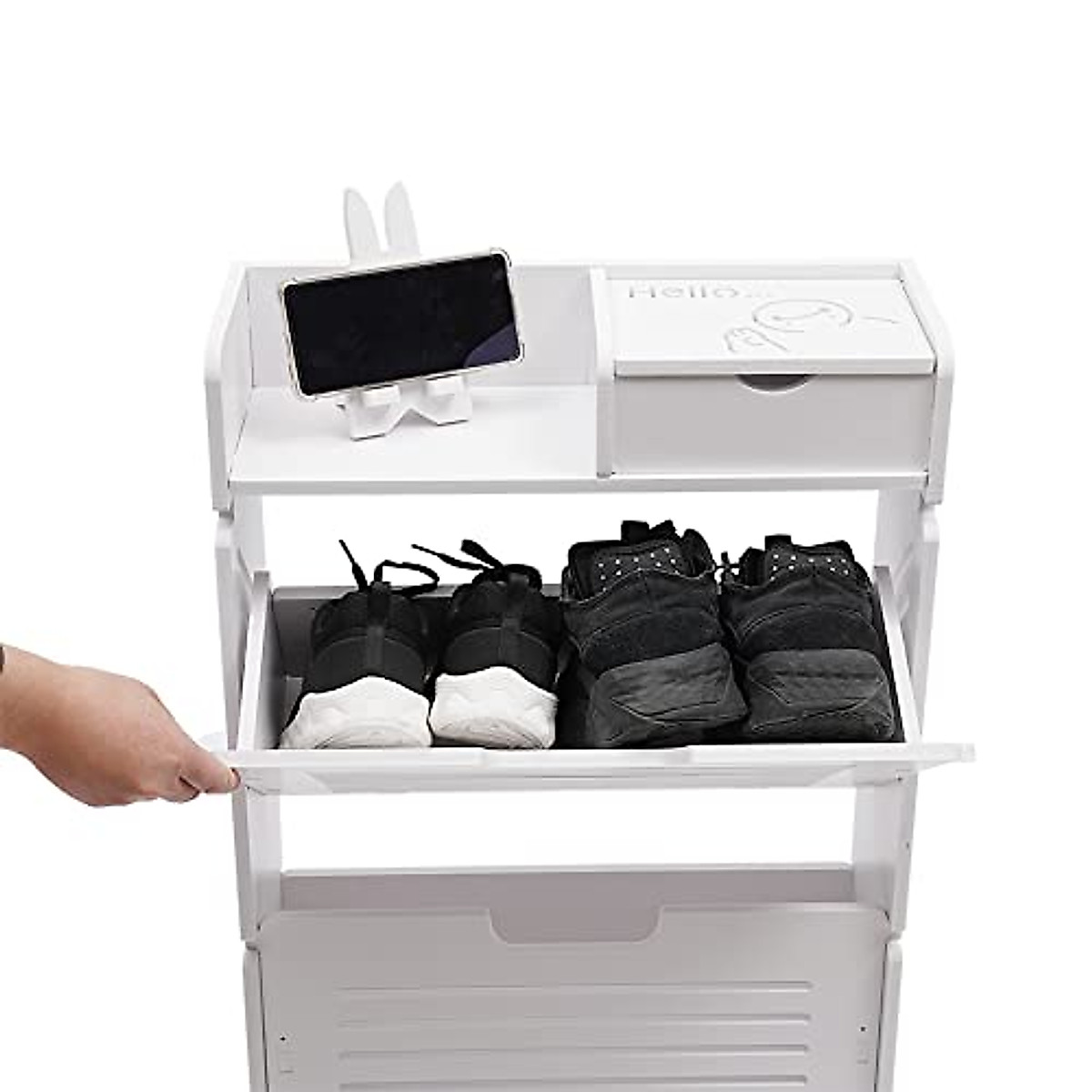 KenSyuInt Shoe Cabinet with 2 Flip Drawers for Entryway, Freestanding Shoe Rack Shoe Organiazer Narrow Shoe Cabinet Shoe Storage Cabinet Tipping Shoe Cabinet, White for Entryway, Bedroom, Hallway