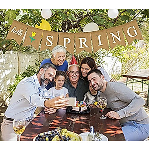 Hello Spring Banner Burlap Decorations, Happy Spring Banner Garland with Flower for Mantle Fireplace Supplies Spring Bunting Garland Banner Decoration for Home Spring Themed Party Decor