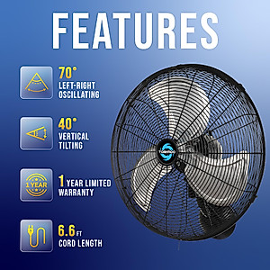 Tornado 20 Inch Pro Series High Velocity Oscillating Wall Mount Fan For Industrial, Commercial, Residential Use 3 Speed 5250 CFM UL Safety Listed