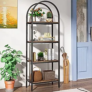 LITTLE TREE 4-Tier Arched Bookshelf, Tall Open Bookcase Storage Shelves, Wood Metal Freestanding Display Rack Tall Shelving Unit for Home Office, Bedroom, Living Room, Rustic Brown