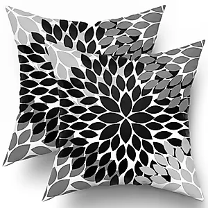 Kawani Black Pillow Covers 18X18 in Black White Grey Dahlias Floral Geometric Couch Pillow Cases with Zipper Set of 2 Farmhouse Rustic Home Decor for Living Room Bedroom Bed Cushion Outdoor