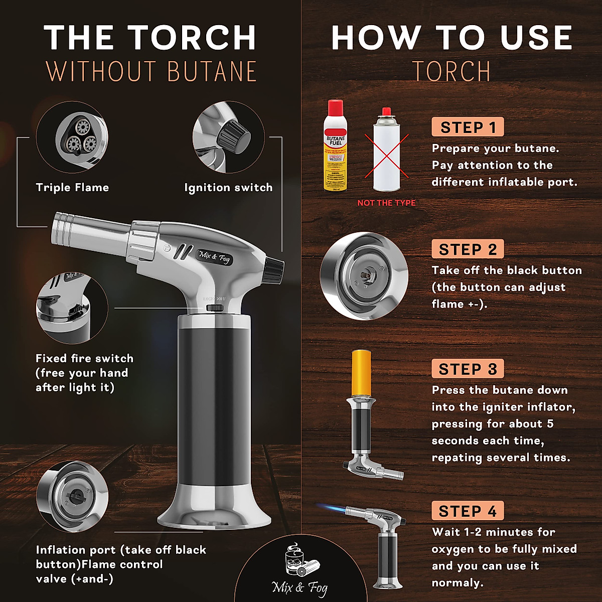 Old Fashioned Cocktail Smoker Mixology Bartenders Kit - For Cocktails, Bitters, Brandy & Scotch, Whiskey, Bourbon | 4 cans of Wood Chips, 4 Coasters, 8 Stainless Steel Whisky Stones, Torch (NO Butane)