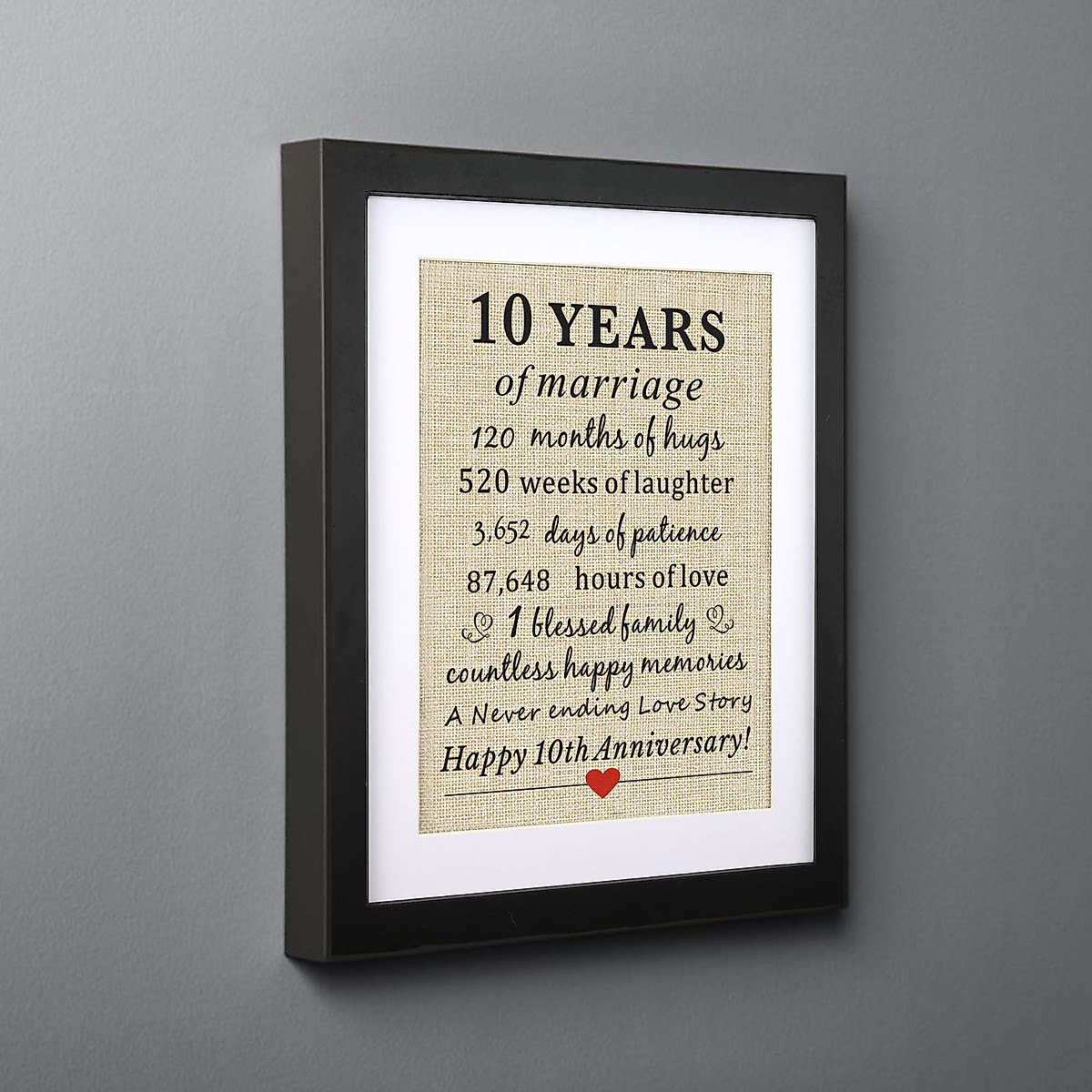 Corfara Framed 10th Wedding Anniversary Burlap Gift 11" W X 13" H, Couples 10th Anniversary 10 Years of Marriage Gift for Wife 10th Wedding Anniversary Keepsake Gift for Husband Wife Him Her