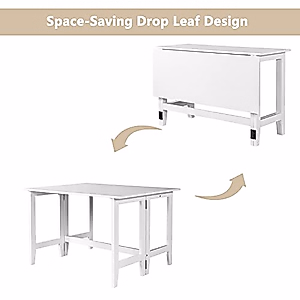 Kisyapoo Farmhouse Extendable Dining Table for 4, Wood Rectangular Dining Table with Drop Leaf, Dining Table for Kitchen Dining Room Home, Maximize Space Savings (White-Table)