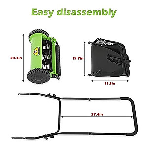Qxznby 15-Inch Manual Lawn Mowers Push Lawn Mower Reel Mower Adjustable Cutting Height with Detachable Grass Catcher 5 Steel Blades 2 Wheels Easy to Use for Villas Parks Gardens Lawn (Green)