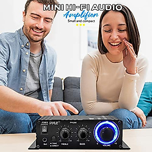 Pyle Home Mini Audio Amplifier - 60W Portable Dual Channel Surround Sound HiFi Stereo Receiver w/ 12V AC Adapter, AUX, MIC IN, Supports Smart Phone, iPhone, iPod, MP3 For 2-8ohm Speakers - Pyle PFA200