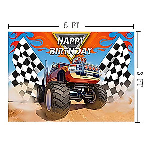 Monster Truck Backdrop Photography Photo Booth Props Children Happy Birthday Banner Supplies Grave Digger Speed Checkered Flag Photo Background Baby Shower Cars Party Decoration 5x3ft Vinyl