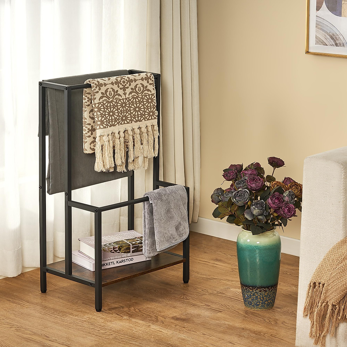 TITFVM 3 Tier Towel Rack Stand, Freestanding Blanket Rack Ladder, Industrial Blanket Stand, Display Rack for Oversized Bath Towels, 16.93"L x 11.81"W x 30.32"H, Blanket Holder with Shelf, Rustic Brown