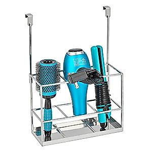 mDesign Steel Bathroom Over Cabinet Door Hair Tool Storage Organizer Accessory Basket Tray, Hang Holder for Hair Dryer, Straightener, Curling Iron, Styling Products, Citi Collection, Chrome