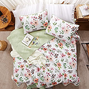 WRENSONGE Quilts Queen Size, 3 Pieces Pink Flower Reversible Quilt Bedding Sets, Soft Lightweight Microfiber Floral Pattern Printed Bedspread Coverlet for Bed, Couch, Blanket All Season 90"*94"