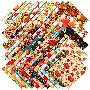 Ganeen 100 Pcs 10 x 10 Inch Thanksgiving Fabric Fall Fabric Squares Fall Pumpkin Quarters Bundles Fabric Scraps Fat Sewing Quilting Patchwork for Thanksgiving Autumn DIY Craft