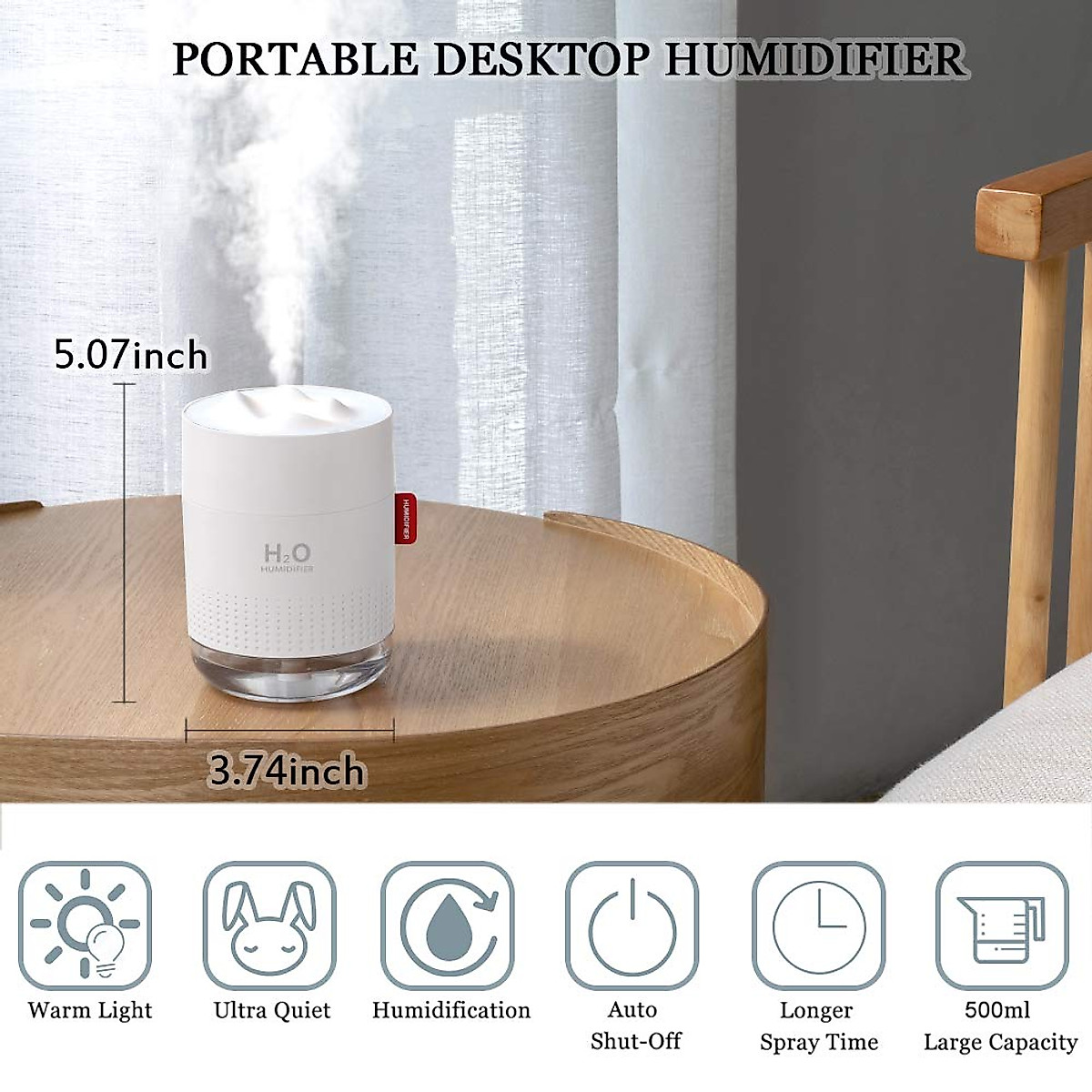 FoPcc 500ml Portable Humidifier, Mini Cool Mist Humidifier with Night Light, USB Personal Humidifier Auto Shut-Off, Ultra-Quiet, 2 Spray Modes, Suitable for Home Baby Bedroom Office Travel (White)