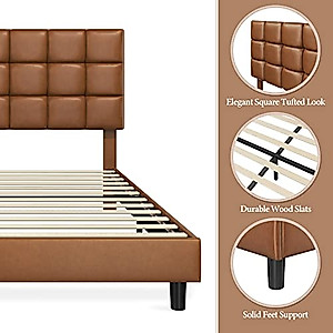 Yaheetech Upholstered Platform Bed Frame with Square Tufted Faux Leather Headboard Height Adjustable, Mattress Foundation Wooden Slats Support No Box Spring Needed, Amber Brown-Queen