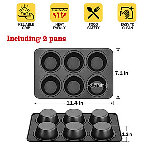 P&P CHEF 6-Cup Muffin Pan Tray Set of 2, Cupcake Pans, Nonstick Coated Stainless Steel Muffin Tin for Baking Mini Egg Cake Brownie Tart, Easy Release & Healthy, Standard Cup Size, Black