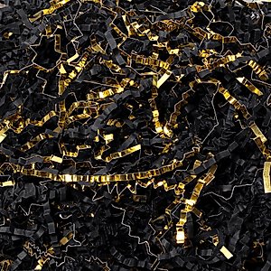 Mcfleet 1 LB Crinkle Cut Paper Shred Filler Black & Gold Crinkle Paper Shredded Paper for Gift Box - Gift Basket Filler - Gift Box Stuffing for Christmas, Halloween Packaging Wrapping