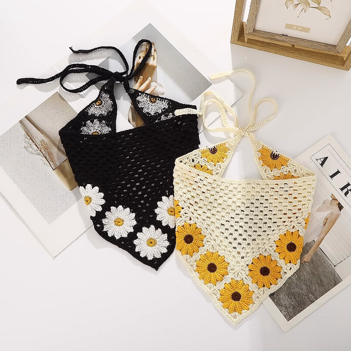 HAIMEIKANG Floral Crochet Hair Bandanas Headscarf 2 PCS Women Hair Scarf Daisy Headband Vintage Head Kerchief for Girls(Yellow+Black)