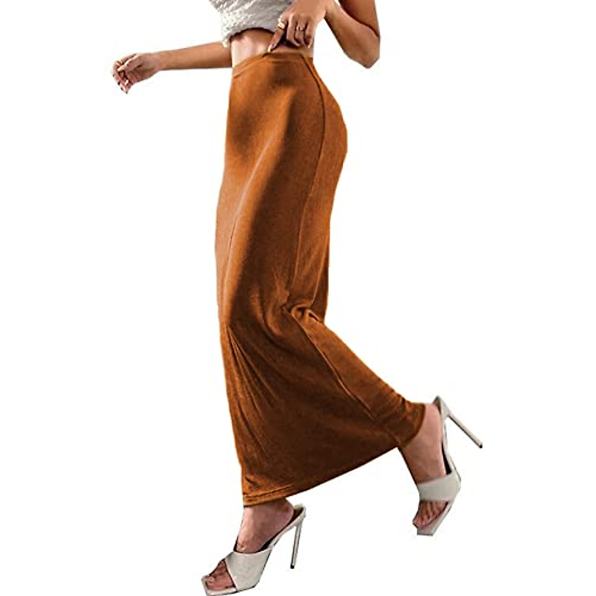 LYANER Women's Casual Velvet Elastic High Waist Solid Bodycon Long Maxi Skirt Caramel Medium