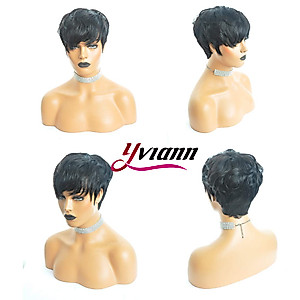Yviann Human Hair Short Wigs Pixie Cut Wigs with Bangs Short Black Layered Wavy Wigs for Women 1B Color