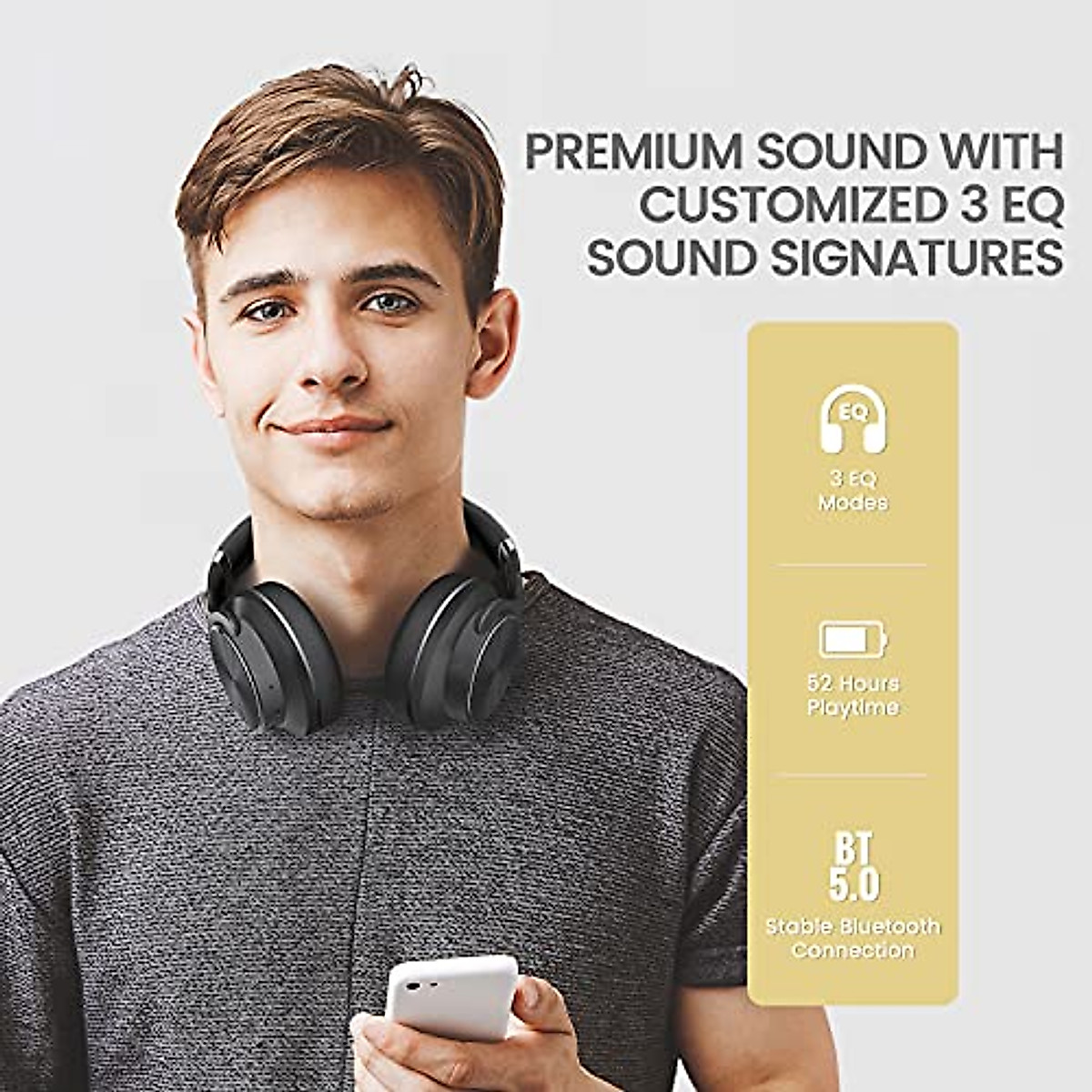 DOQAUS Bluetooth Headphones Over Ear, 52 Hours Playtime Wireless Headphones with 3 EQ Modes, Noise Isolating HiFi Stereo Headphones with Deep Bass, Microphone, Soft Earpads for Cellphone/PC (Black)