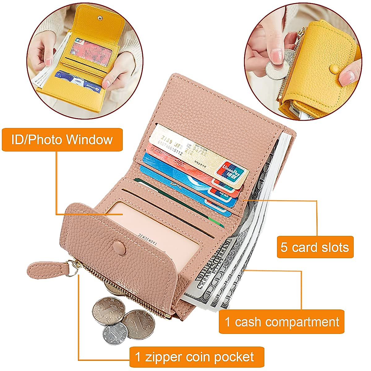 Sunwel Fashion Women's Small Zipper Bifold Wallet Card Holder ID Window Purse Zip Coin Pouch for Ladies