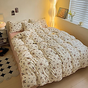 HOLY HOME Floral Bedding Set, Duvet Cover Set, 4 Pieces Spring Rose Flower Bedclothes with Pillowcases, Zipper Closure/Corner Ties (Rose Island, Queen)