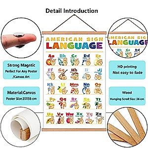 KAIRNE American Sign Language Poster with Wood Magnetic Hanger Framed(35CMx56CM),ASL Alphabet Wall Art Teaching Aid Alphabet Chart for Kids Playroom Classroom Decor