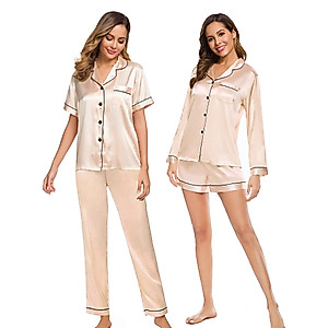 SWOMOG Women 4Pcs Silk Pajamas Set Button Down Sleepwear Loungewear Pj Sets for Ladies Nightwear Champagne Large
