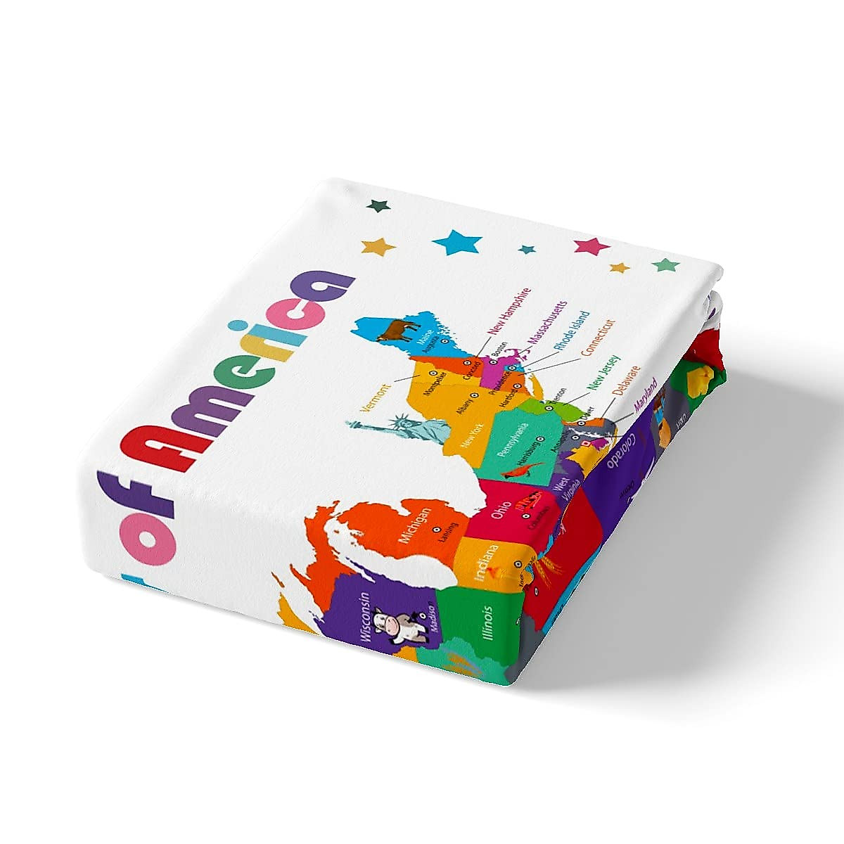 USA Political Map Fitted Sheet Federal States Map Bedding Set for Kids Boys Girls Science Popularization Bed Sheet Set Educational Bed Cover Full Size