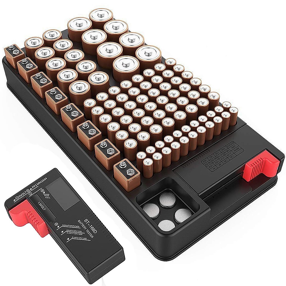 Battery Organizer Storage case with Battery Tester for AAA AA C D 9V and Button Batteries Storage Box Holds 110 Batteries Various Sizes with Removable Digital Battery Tester