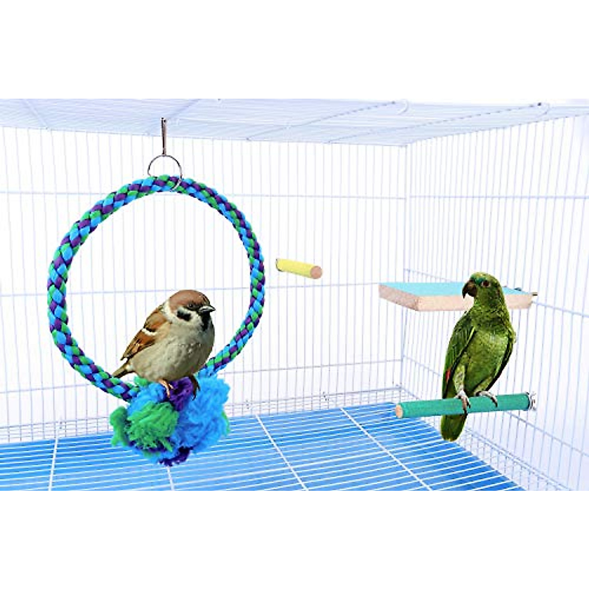 Mogoko 4 Pcs Bird Paw Grinding Perches Kit, Wooden Parrot Nail Grinding Stick and Rope Swing Toys for Parakeets Cockatiels, Conures, Macaws, Love Birds, Finches