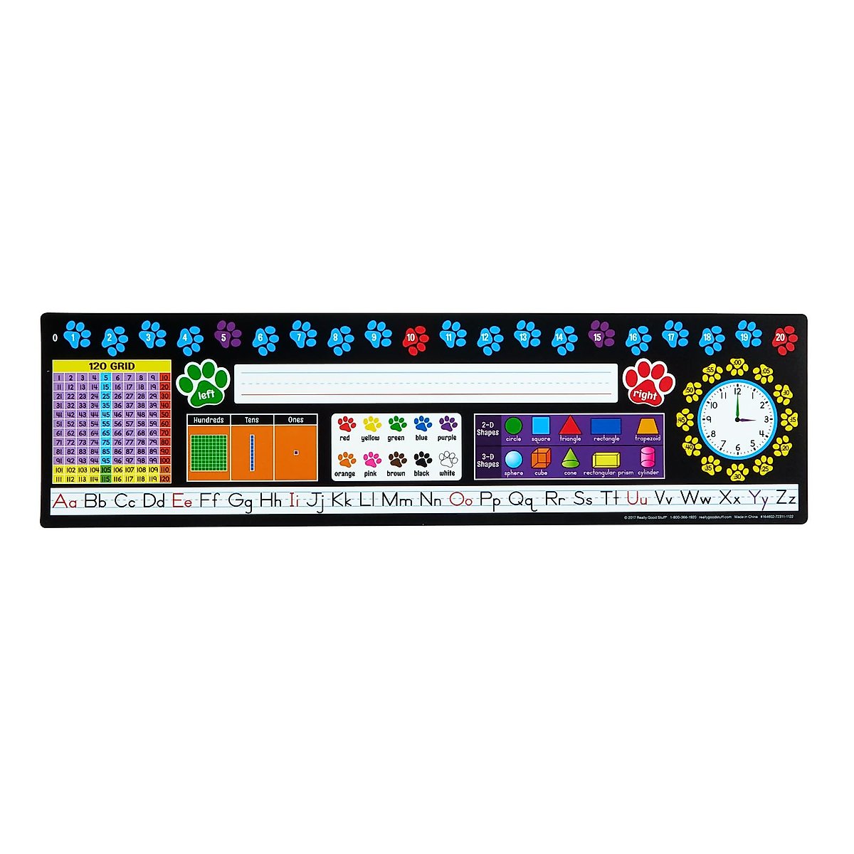 Really Good Stuff 24PK Paw Prints Self-Adhesive Deluxe Plastic Desktop Reference Nameplate with Letters, Numbers, Colors, 2-D and 3-D Shapes, 120 Grid, Left and Right, Base 10 and Time