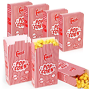 Dualshine 100 Pack Popcorn Boxes,1.25 oz Paper Popcorn Containers,Red and White Striped Close-Top Cardboard Pop Corners Bags Individual Servings for Theater Night Movie,Party,Christmas