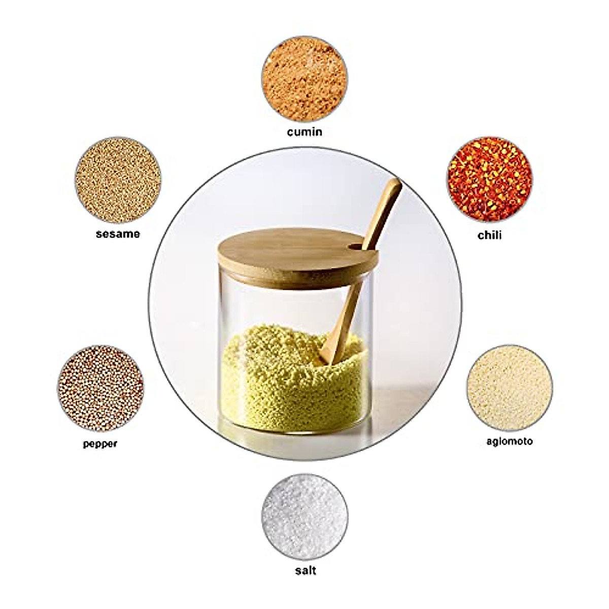 300ML/10Oz Clear Glass Jar with Bamboo Lid and Wooden Spoon, Cute Sugar Bowl Bath Salt Storage Canister Seasoning Container Condiment Pot with Scoop for Spice, Pepper for Kitchen, Table, Countertop