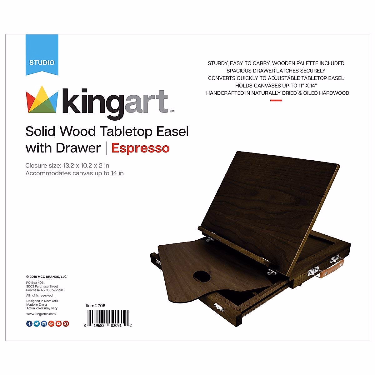 KINGART Solid Adjustable Wood Desk Table Easel with Storage Drawer, Paint Palette, Beechwood - Portable Solid Wooden Artist Easel Top Board - Canvas Painting, Drawing Book Stand