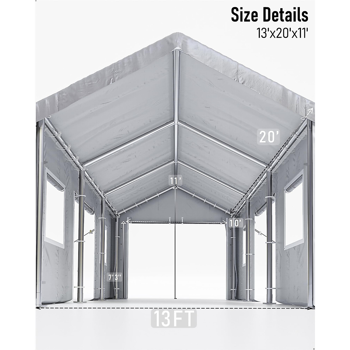 VORTEXTOVE Carport 13 x 20 ft, Portable Garage with 4 Roll-up Windows and 4 Doors for All Season, Reinforced Frames, for Sedans and Trucks, Gray