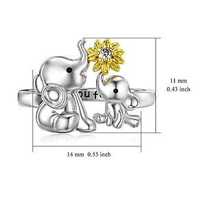 Women Elephant Ring Mother and Child Animal Ring with Sunflowers Statement Ring for Mom (A, 7), Stainless Steel,Rose Gold,White,Purple