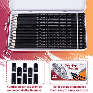 Artvorks 12 PCS Drawing Pencils – Professional Graphite Sketch Pencils (8B-2H) in a Robust Metal Case – Ideal for Drawing, Sketching, Shading for Artists & Beginners