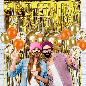Friendsgiving Party Decorations, Friendsgiving Balloons Garland Kit includes Gold "FRIENDS GIVING" Foil Banner, 14 Balloons, 10 Photo Props and 1 Gold Fringe Curtain, 38 Pcs Thanksgiving Fall Decor