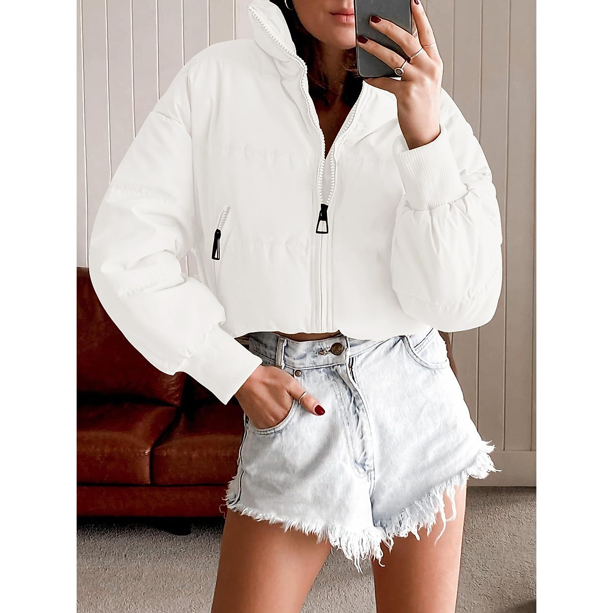 MEROKEETY Women's Winter Cropped Puffer Jacket Long Sleeve Oversized Stand Collar Zip-Up Short Down Coat