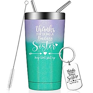 Fufandi Sister Birthday Gift Ideas - Sister Gifts from Sister - Big Sister Gift - Mother's Day Christmas Gifts for Sister - Thanks for Being a Badass Sister Tumbler Cup 20oz