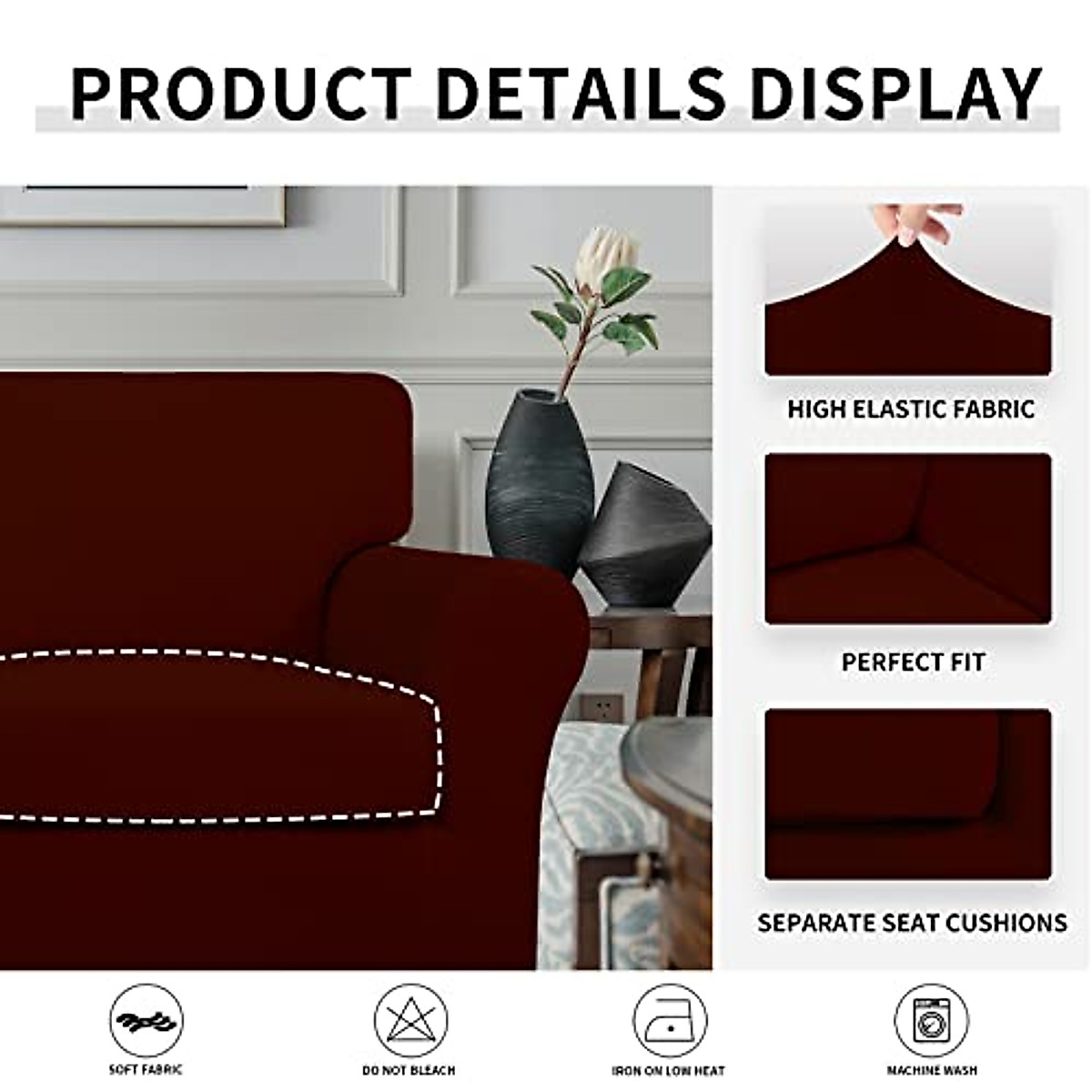 Easy-Going 2 Pieces Microfiber Stretch Chair Slipcover – Spandex Soft Fitted Sofa Couch Cover Washable Furniture Protector with Elastic Bottom Kids Pet Wine